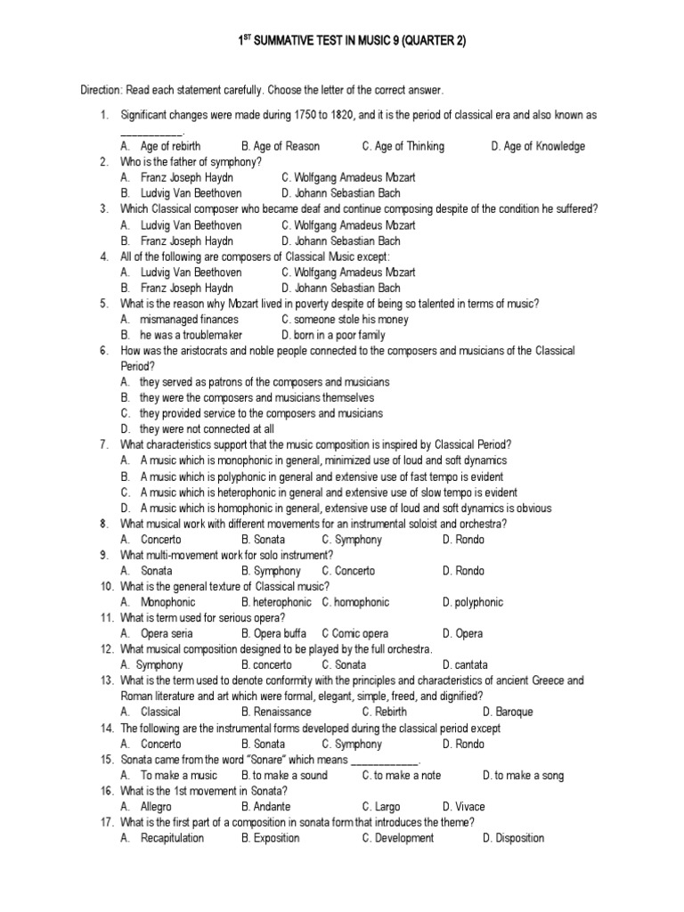 Music 9 Summative Test: Classical Era | PDF | Classical Period (Music ...