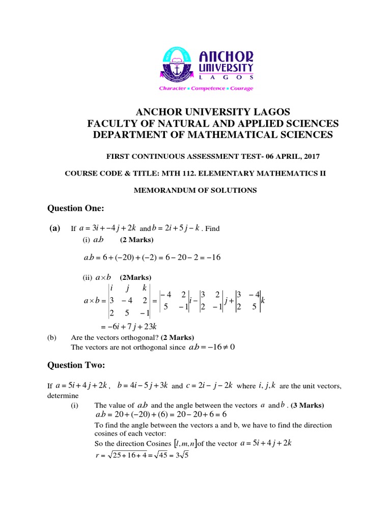 MTH 112 Memo For Cat 1 | PDF | Euclidean Vector | Mathematical Analysis