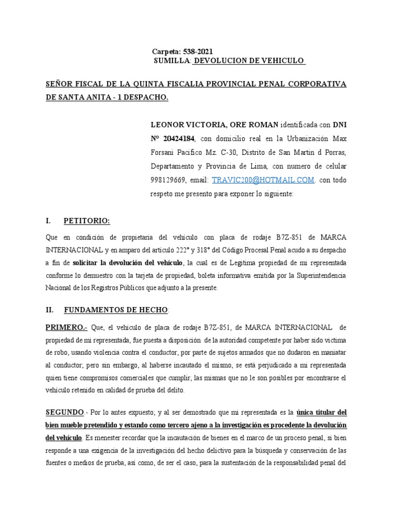 Devolucion de Vehiculo | PDF | Propiedad | Derecho penal