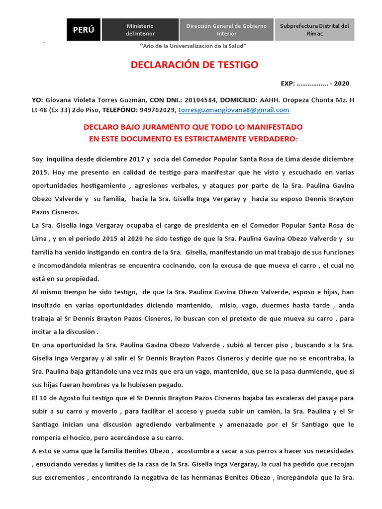 Declaracion De Testigo 2020 A1 Pdf