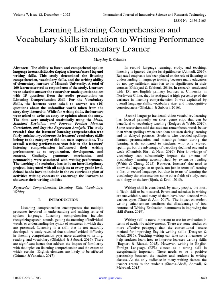 Learning Listening Comprehension and Vocabulary Skills in Relation To ...