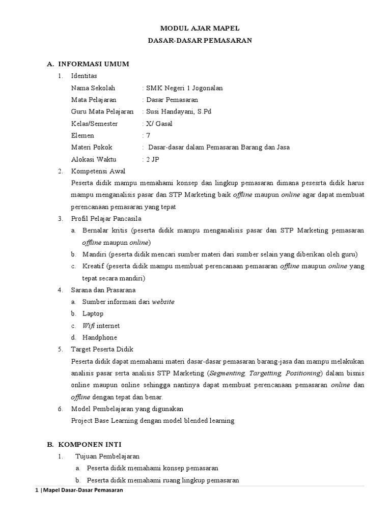 Contoh Modul Ajar Pemasaran | PDF
