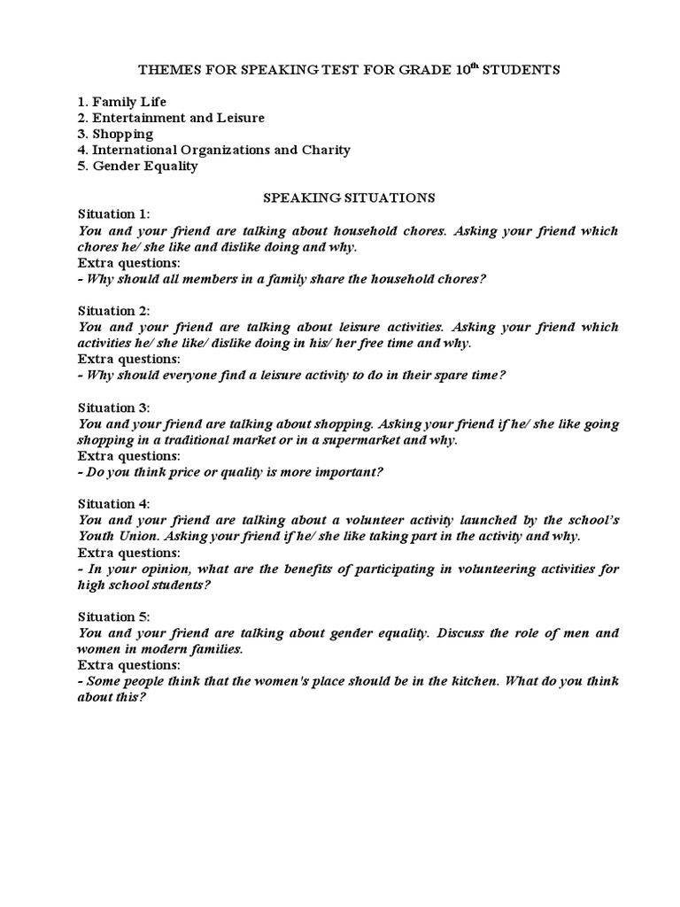 Preparing for the Grade 10 Speaking Test: Sample Topics and ...