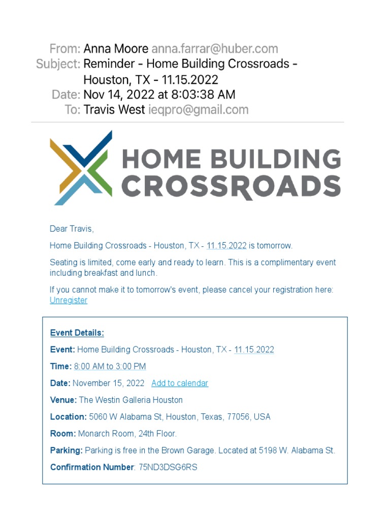 Reminder - Home Building Crossroads - Houston, TX - 11.15.2022 | PDF Reminder - Home Building Crossroads - Houston, TX - 11.15.2022 | PDF