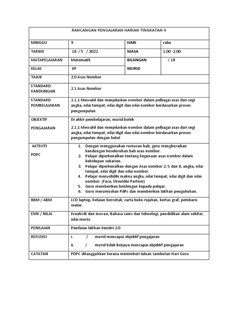RPH Matematik Tingkatan 4 2021 | PDF