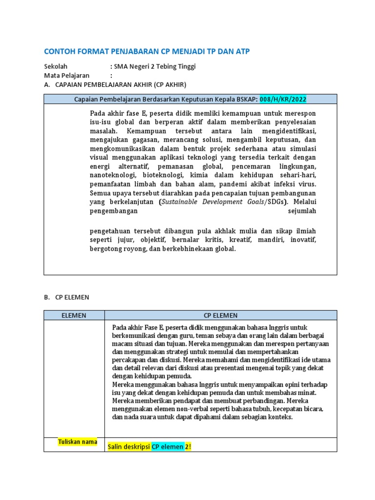 Rita-Contoh Format Penjabaran CP Menjadi TP Dan Atp | PDF | Karier & Perkembangan