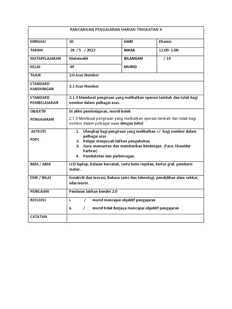 RPH Matematik f4 2021 | PDF