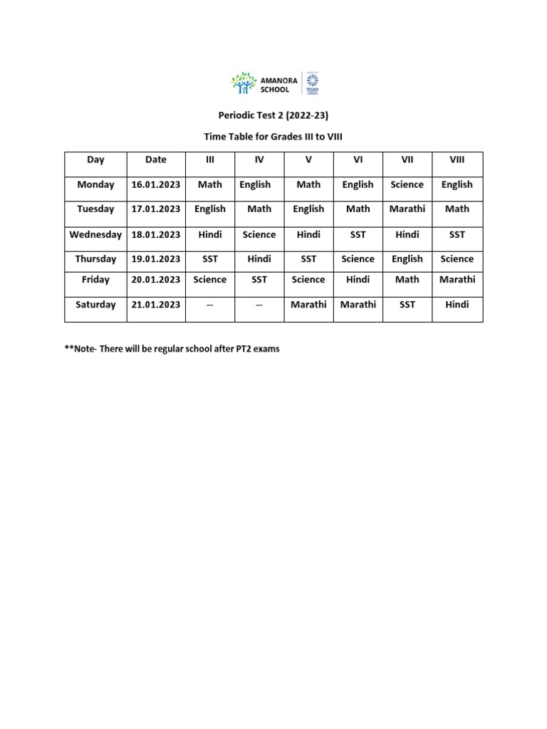 PT 2 Time Table 2022-23 | PDF