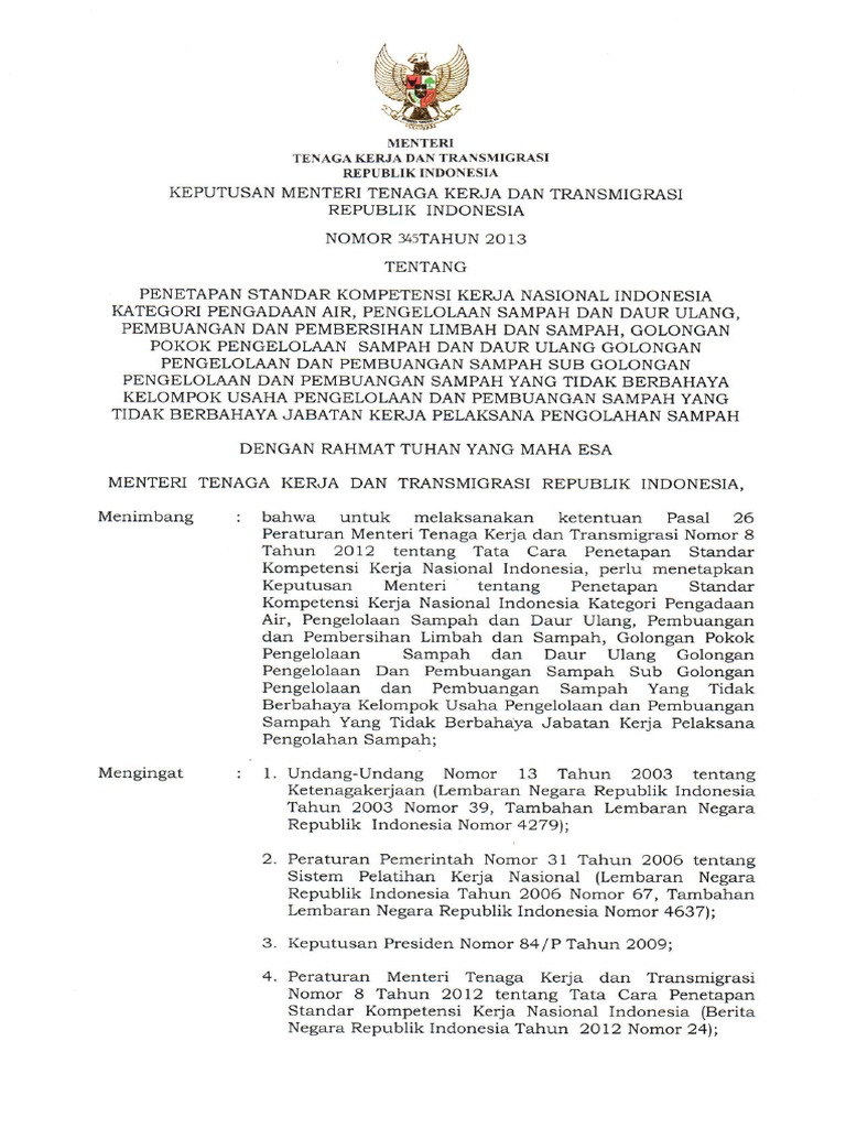 SKKNI 2013-345 - SKKNI Pelaksana Pengolahan Sampah | PDF | Komputer | Teknologi & Rekayasa