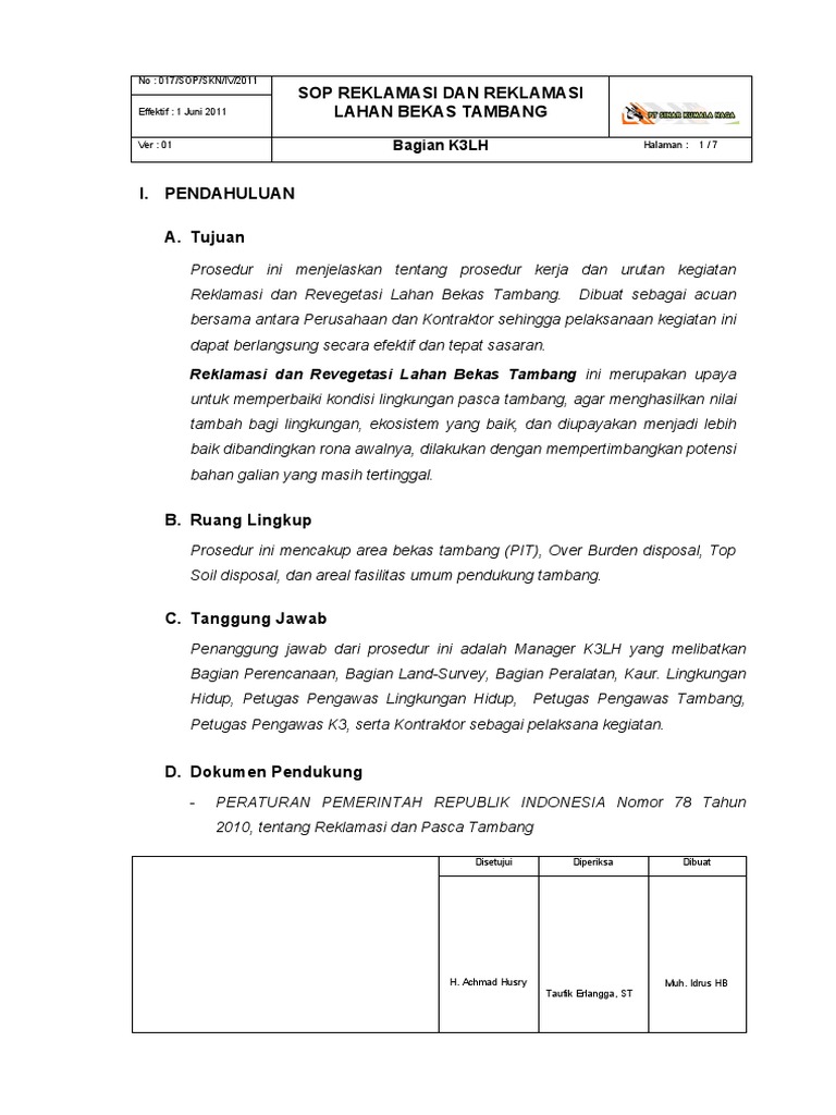 SOP - Reklamasi Dan Revegetasi Lahan Tambang | PDF
