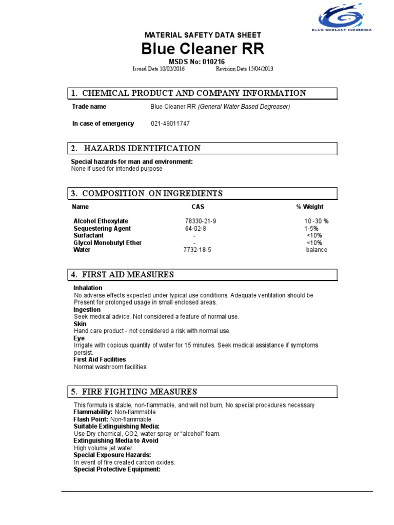 Blue Cleaner RR MSDS | PDF | Occupational Safety And Health | Chemistry