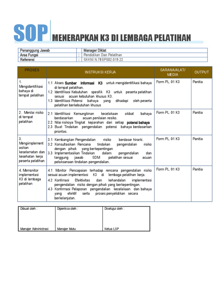 SOP MENERAPKAN K3 Di LEMBAGA PELATIHAN | PDF