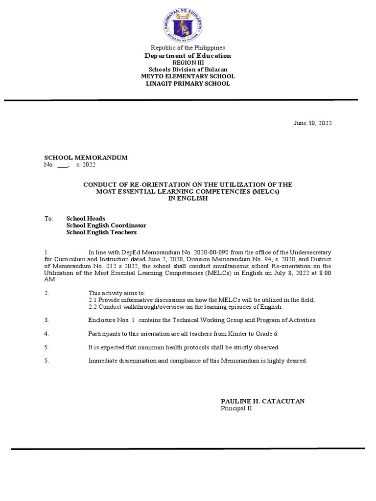 School Memo - 2022 ACR English Melc Re Orientation | PDF ...