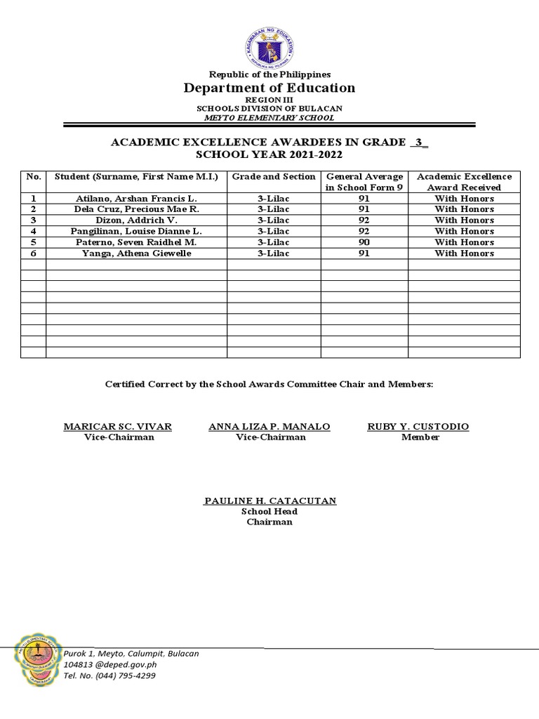 Grade 3 Academic Excellence Awards 2021-2022 | PDF