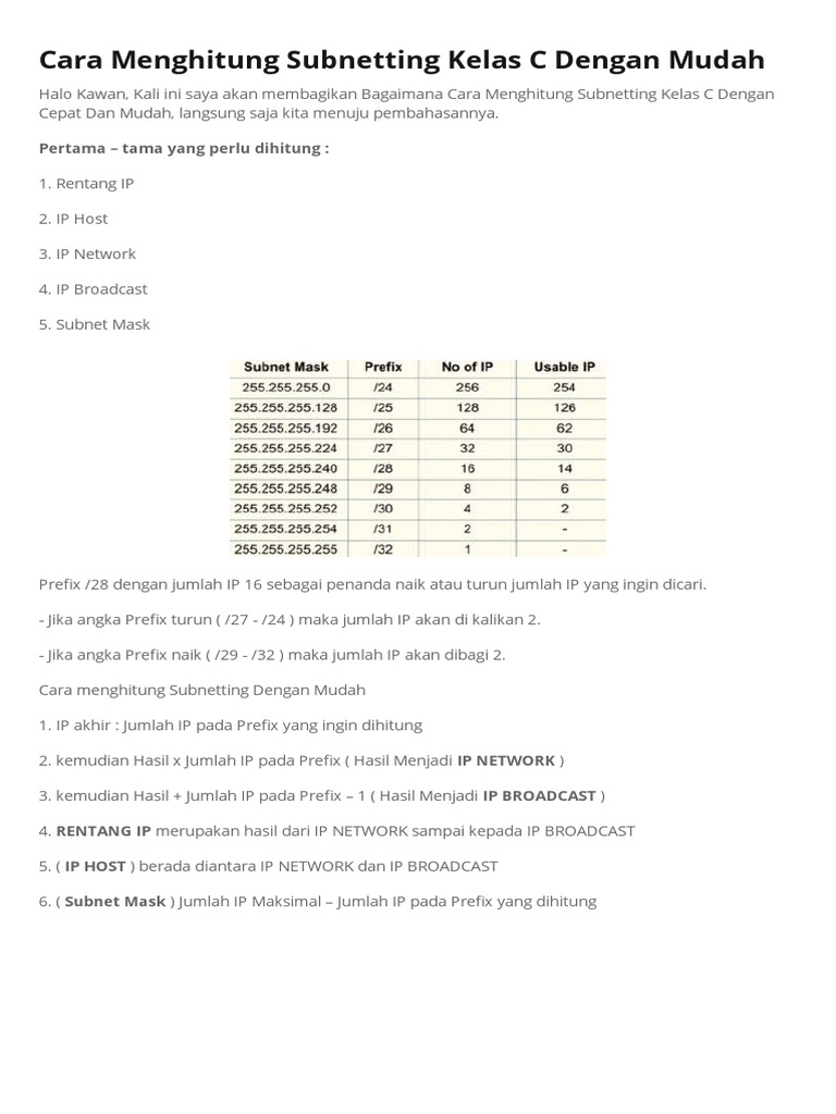 Cara Menghitung Subnetting Kelas C Dengan Mudah | PDF