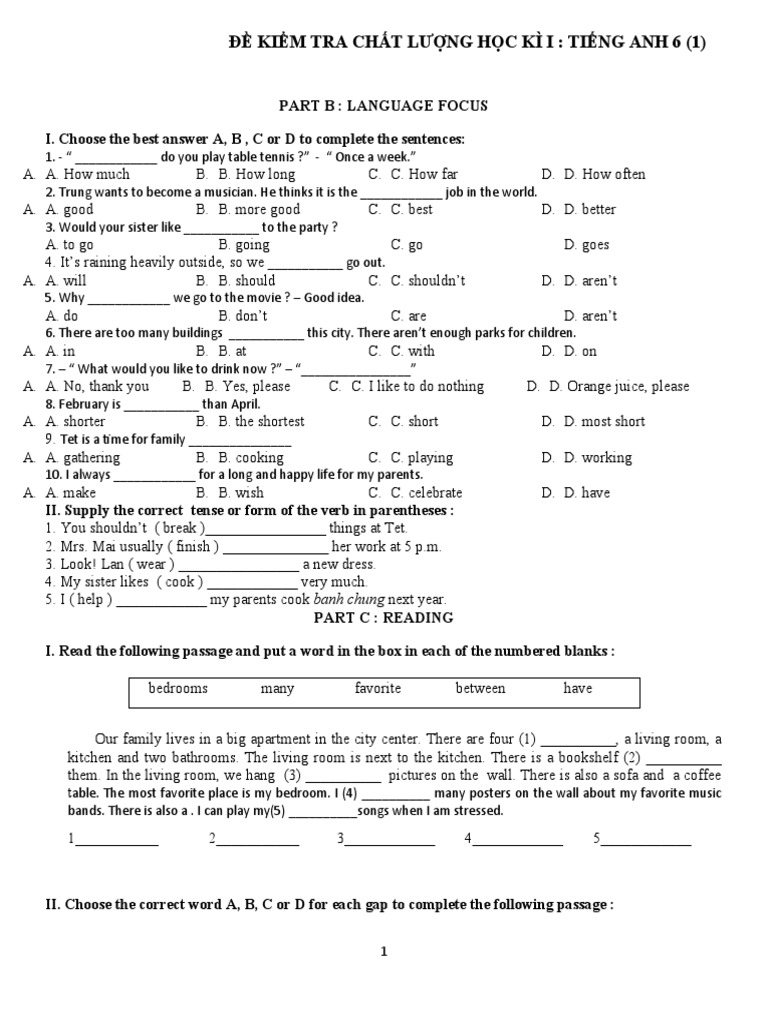 De Thi Ki 1 Anh 6 | PDF