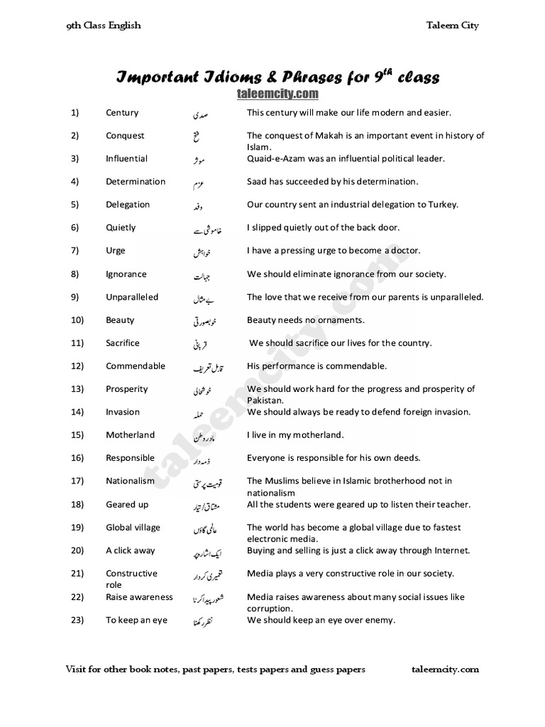 Important Idioms For 9th Class | PDF