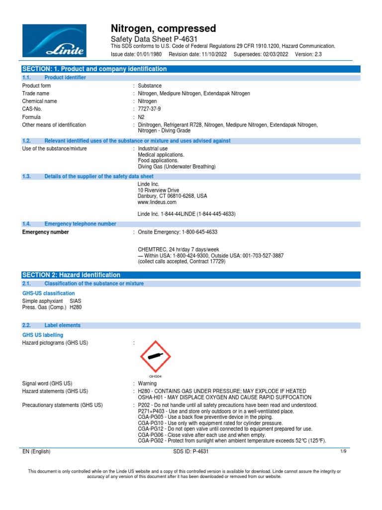 Nitrogen Compressed Safety Data Sheet Sds p4631 | PDF | Firefighting | Chemistry
