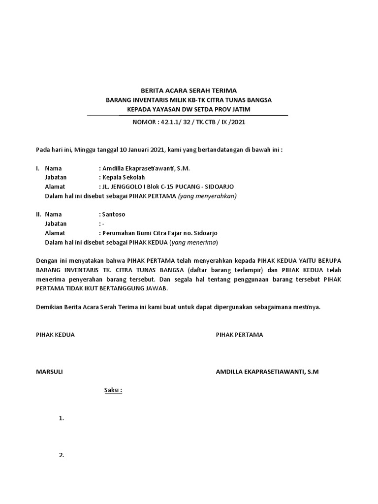 BERITA ACARA SERAH TERIMA Barang Bekas Pakai | PDF