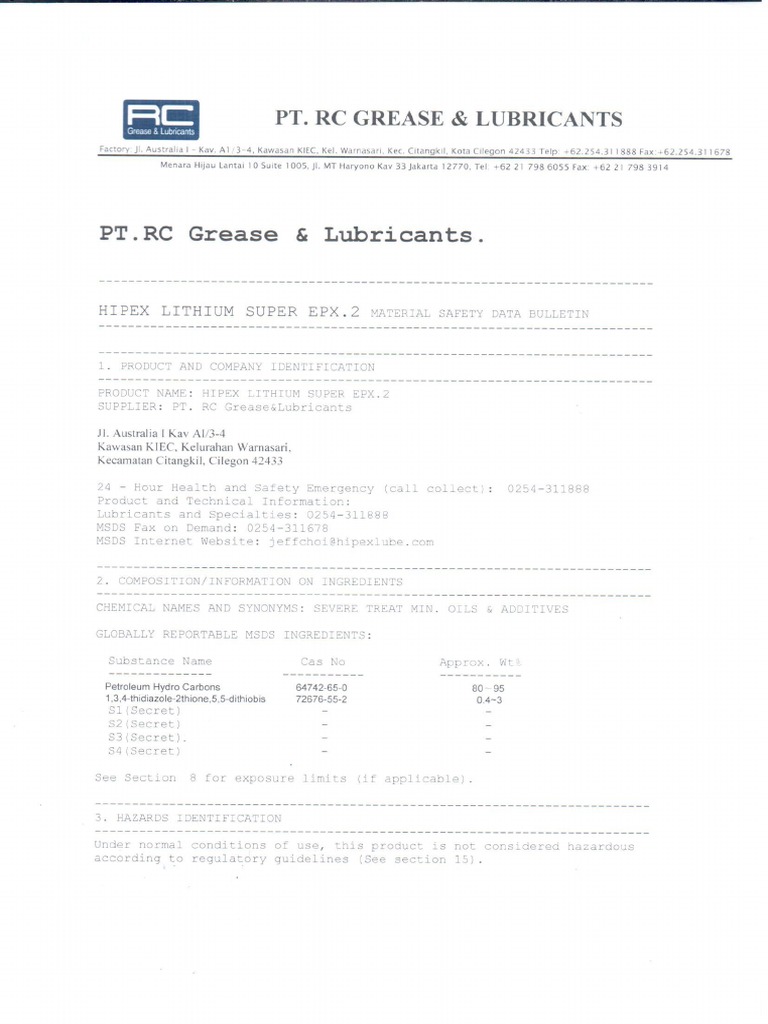 Msds Hipex Lithium Super Epx Nlgi 2 | PDF