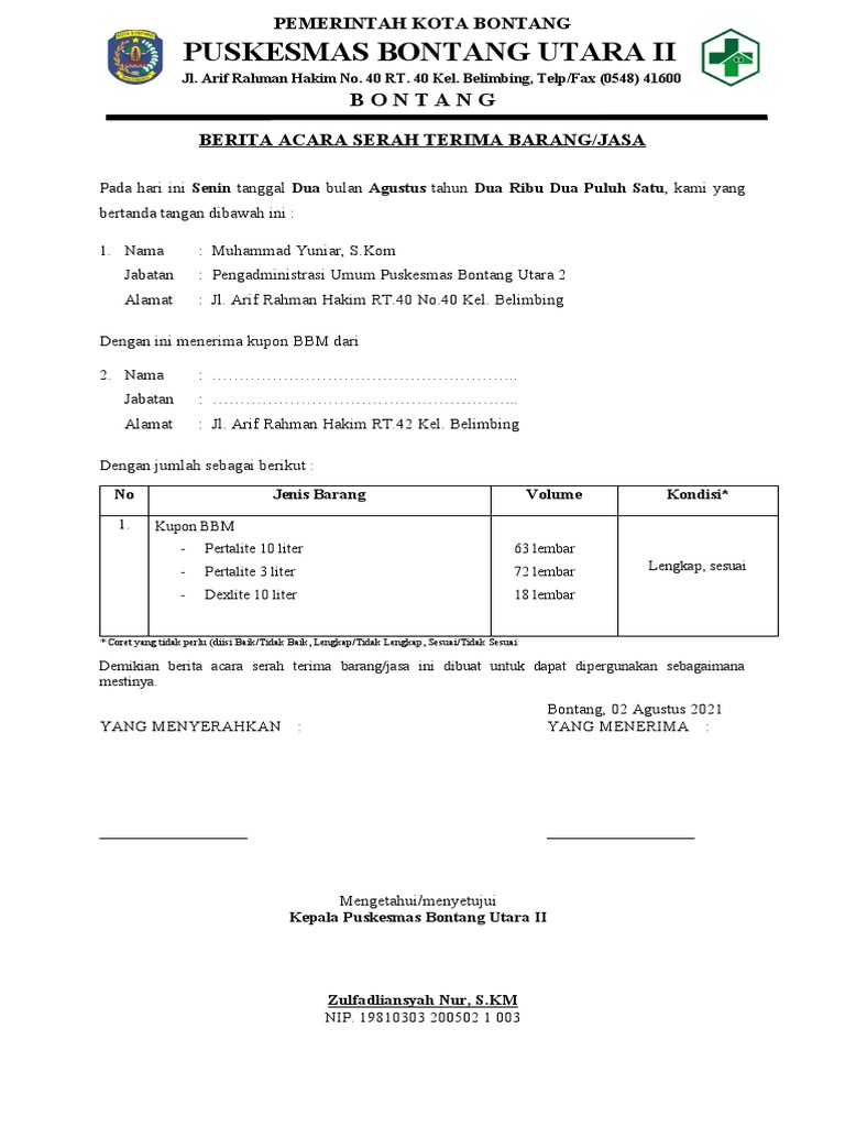 Berita Acara Ambil Kupon BBM | PDF
