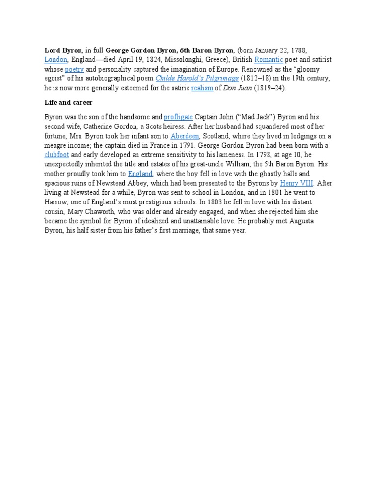 Byron: Life and Legacy Overview | PDF | Travel | History
