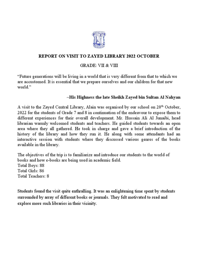 Zayed Library Visit Report 2022 | PDF