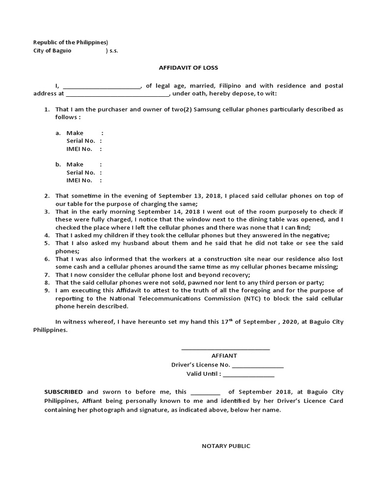 Affidavit of Loss Phones | PDF | Affidavit | Mobile Phones