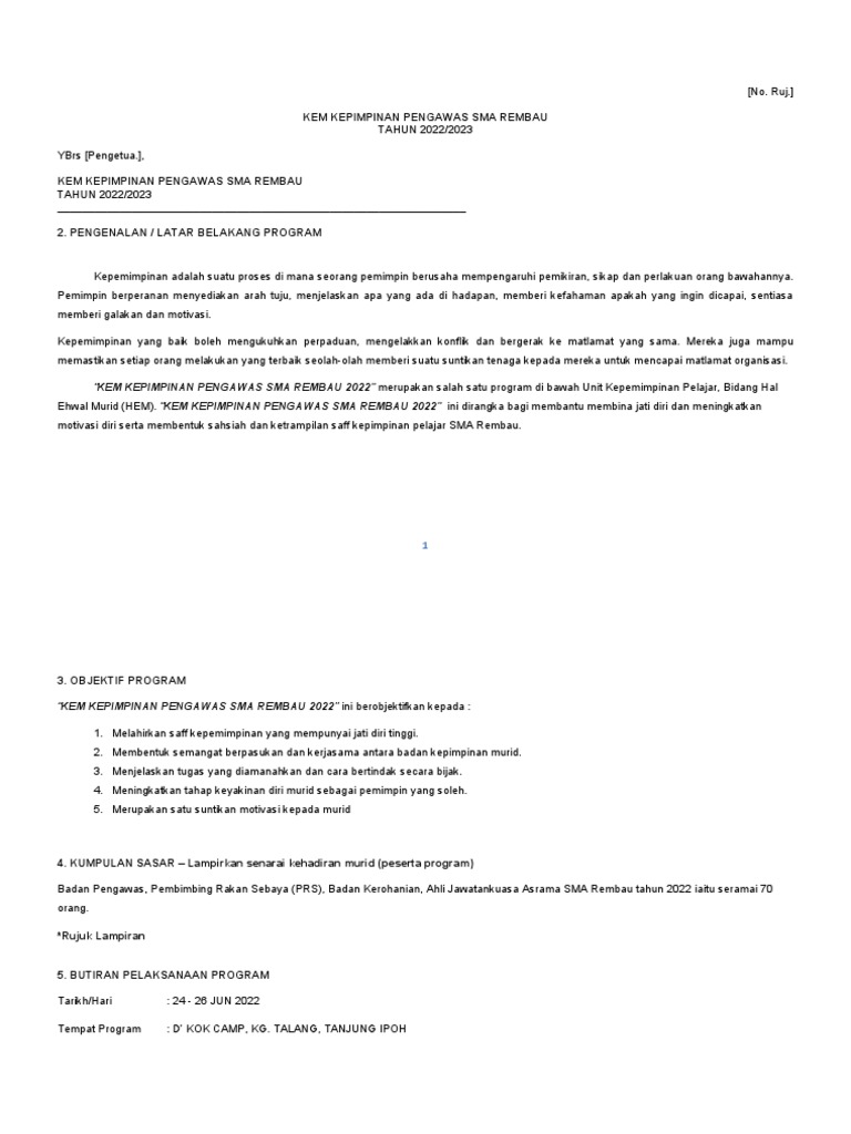 2022 - Kertas Kerja Kem Kepimpinan Pengawas Sma Rembau - Full | PDF