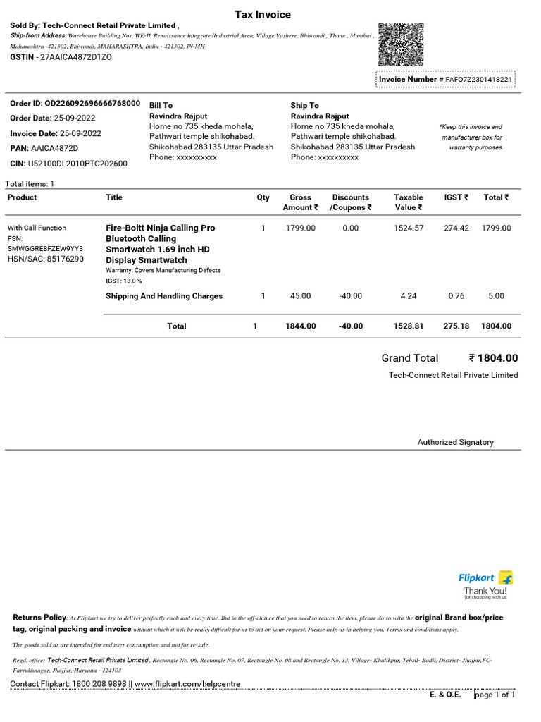 Tax Invoice for Fire-Boltt Ninja Calling Pro Smartwatch | PDF ...