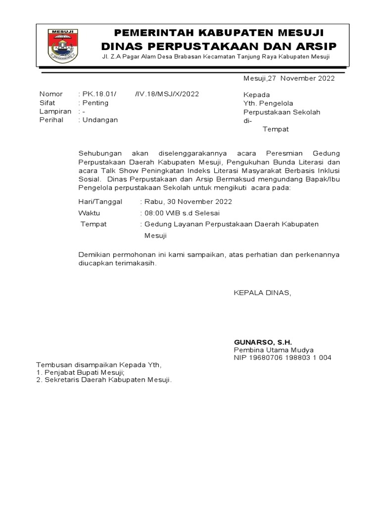 Surat Undangan Pengelola Perpustakaan Sekolah | PDF