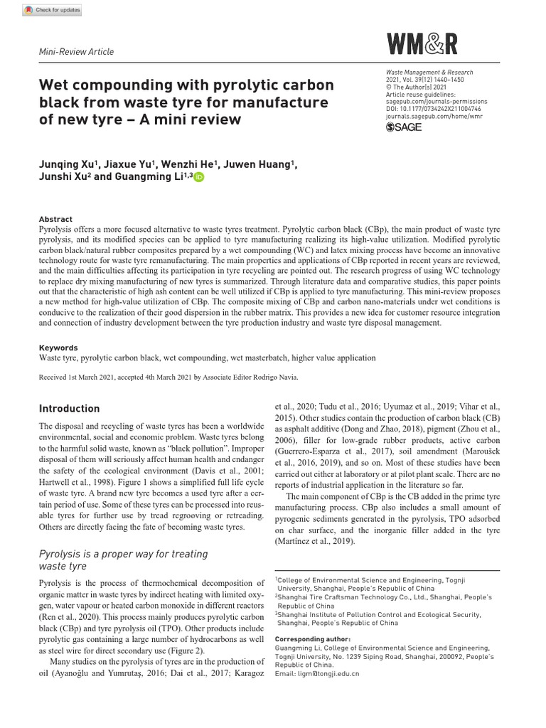 Wet Compounding With Pyrolytic Carbon Black From Waste Tyre For ...