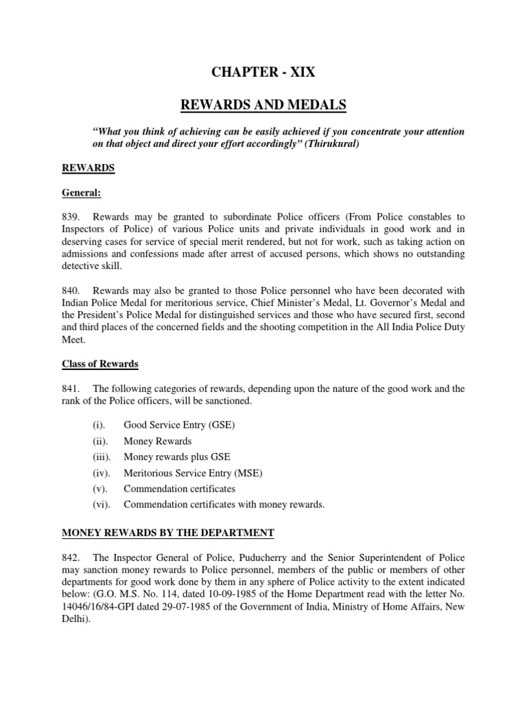 CHAPTER 19 Rewards and Medals | Download Free PDF | Inspector | Police