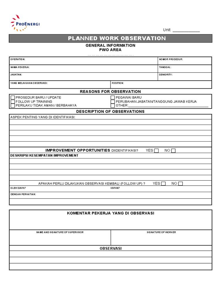 Form Planned Work Observation PWO | PDF