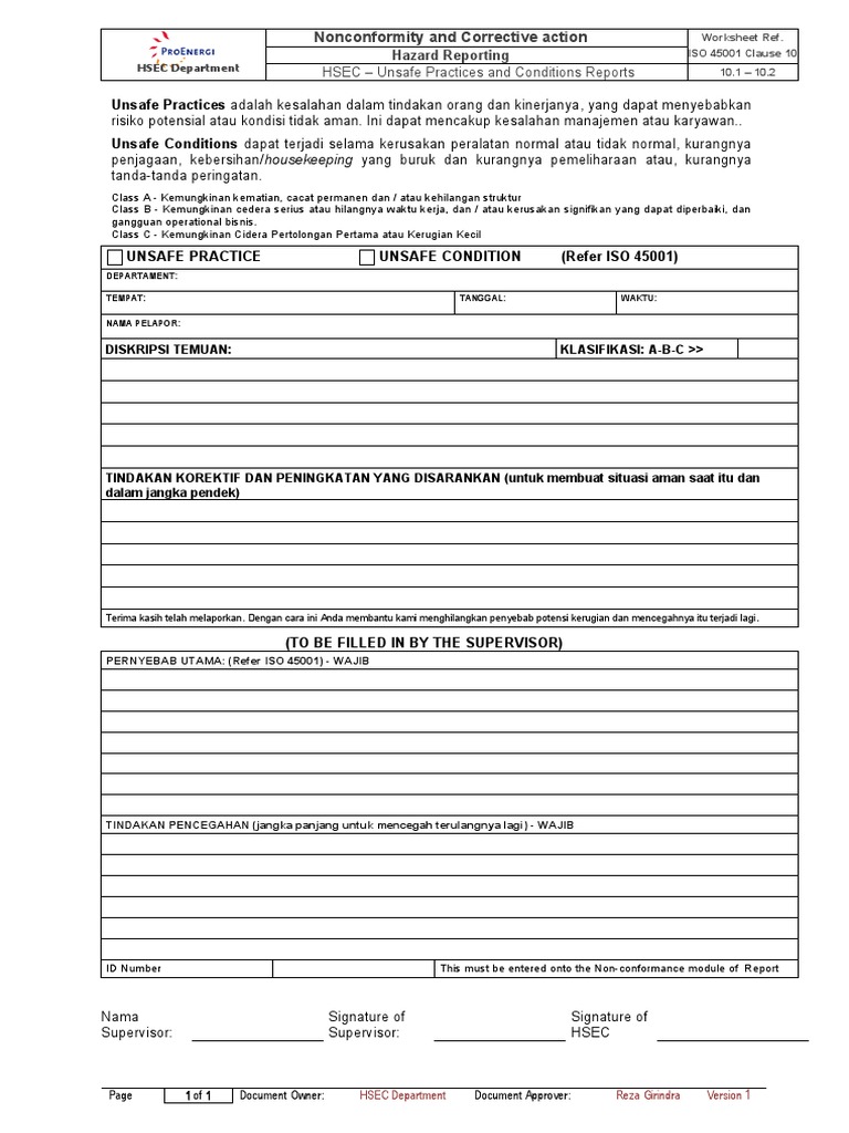 Unsafe Practices and Conditions Reporting Form PE | PDF