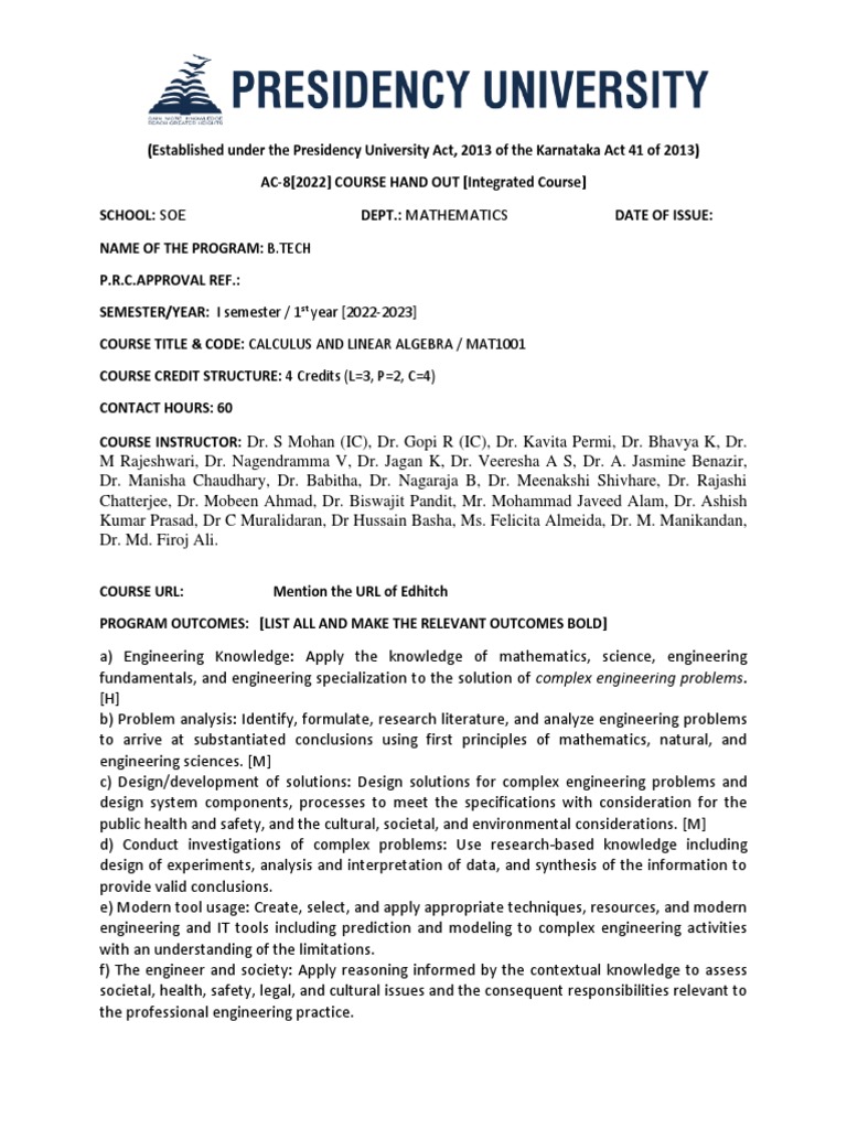 CDCH - MAT1001 - Calculus & Lin Algebra (1) | PDF | Differential Equations | Equations