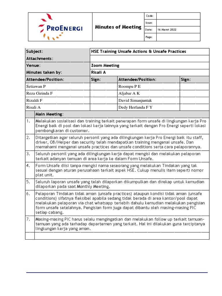 MoM HSE Training Unsafe Actions & Unsafe Conditions (16 Maret 2022) | PDF
