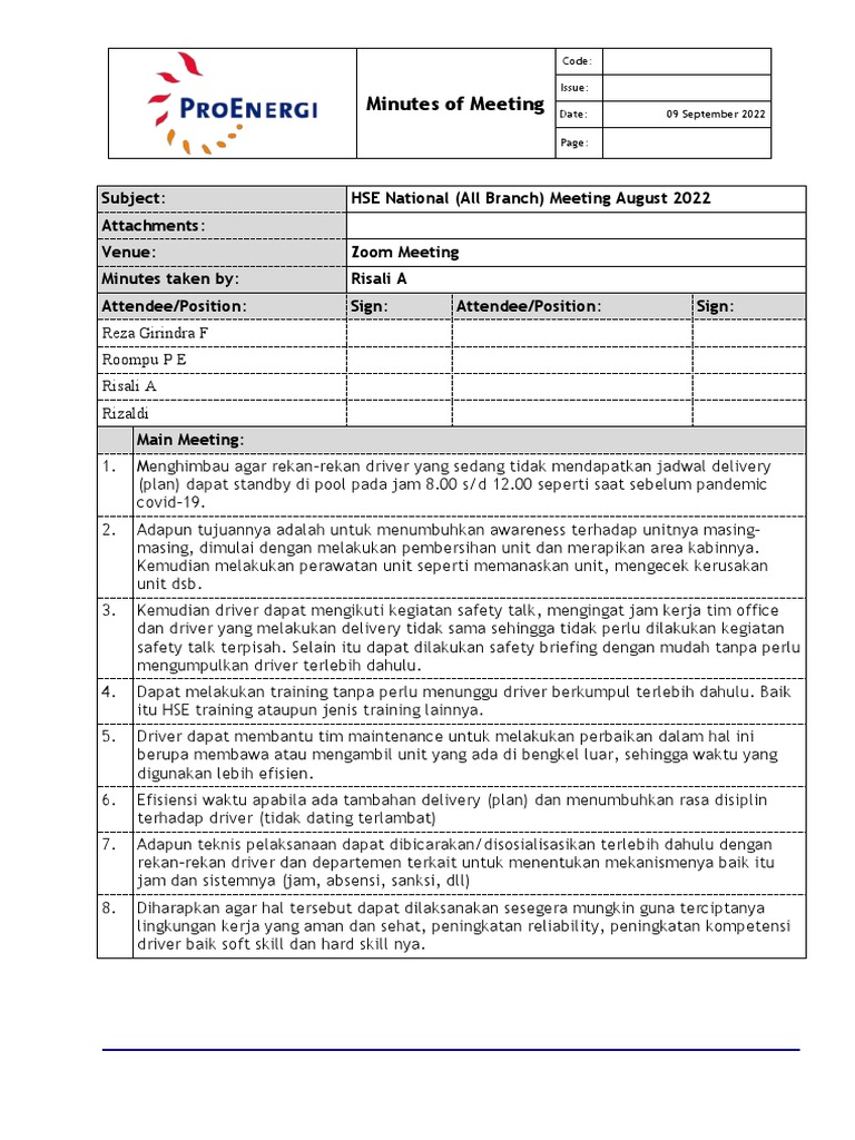 MoM HSE National Meeting 09 September 2022 | PDF