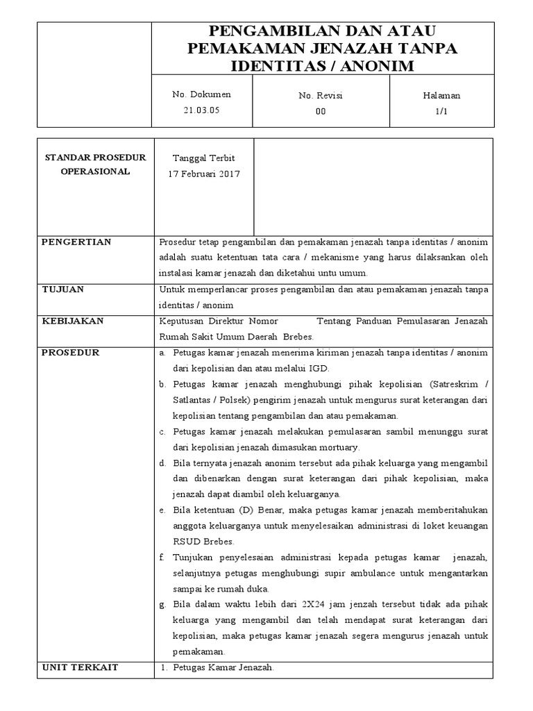 21.03.05 Pengambilan Dan Atau Pemakaman Jenazah Tanpa Identitas Anonim | PDF