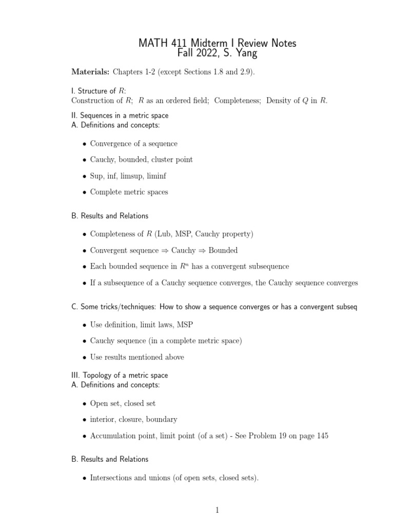 MATH 411 Midterm Review Guide | PDF
