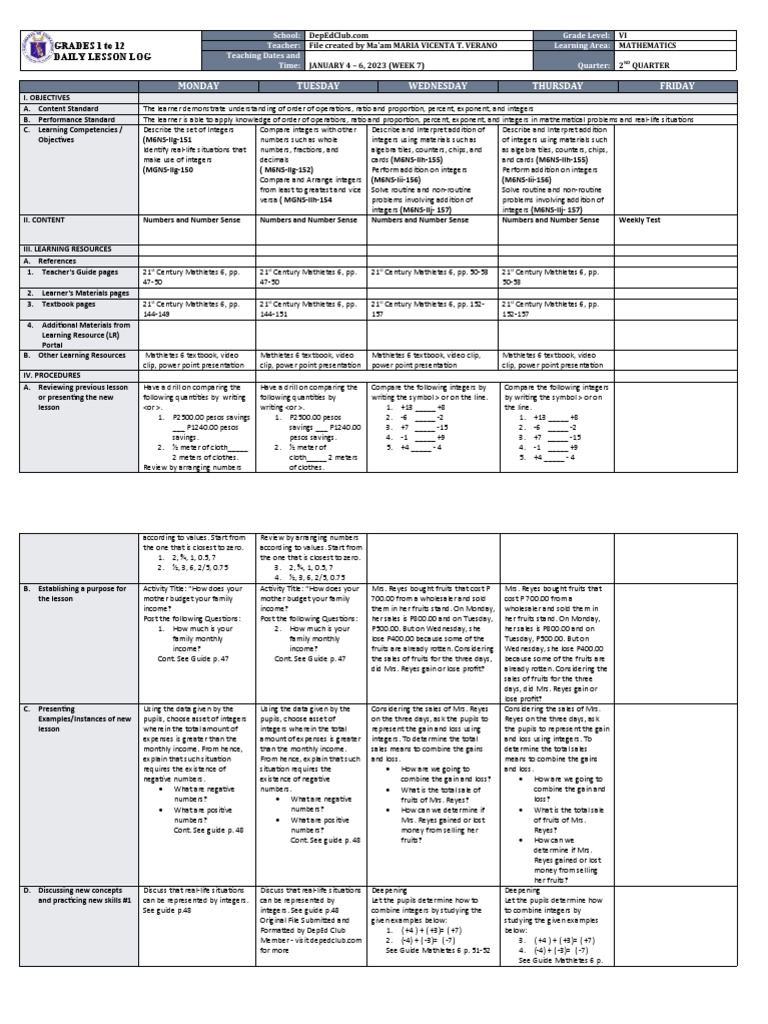 DLL - Mathematics 6 - Q2 - W7 | PDF | Numbers | Integer