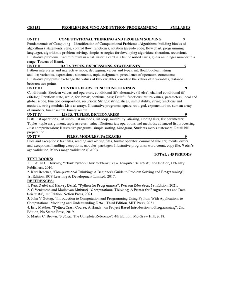 GE3151 Problem Solving and Python Programming Syllabus | PDF | Computer ... GE3151 Problem Solving and Python Programming Syllabus | PDF | Computer ...