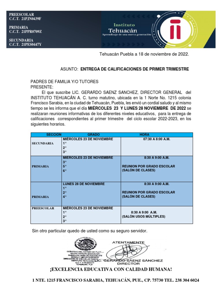 Entrega de Calificaciones Primer Trimestre | PDF