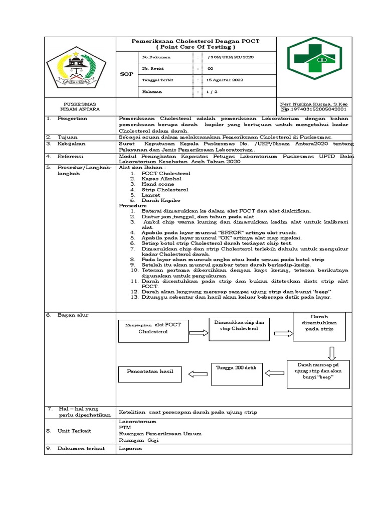 04 Sop TTG Pemeriksaan Cholesterol Total Dengan Poct | PDF