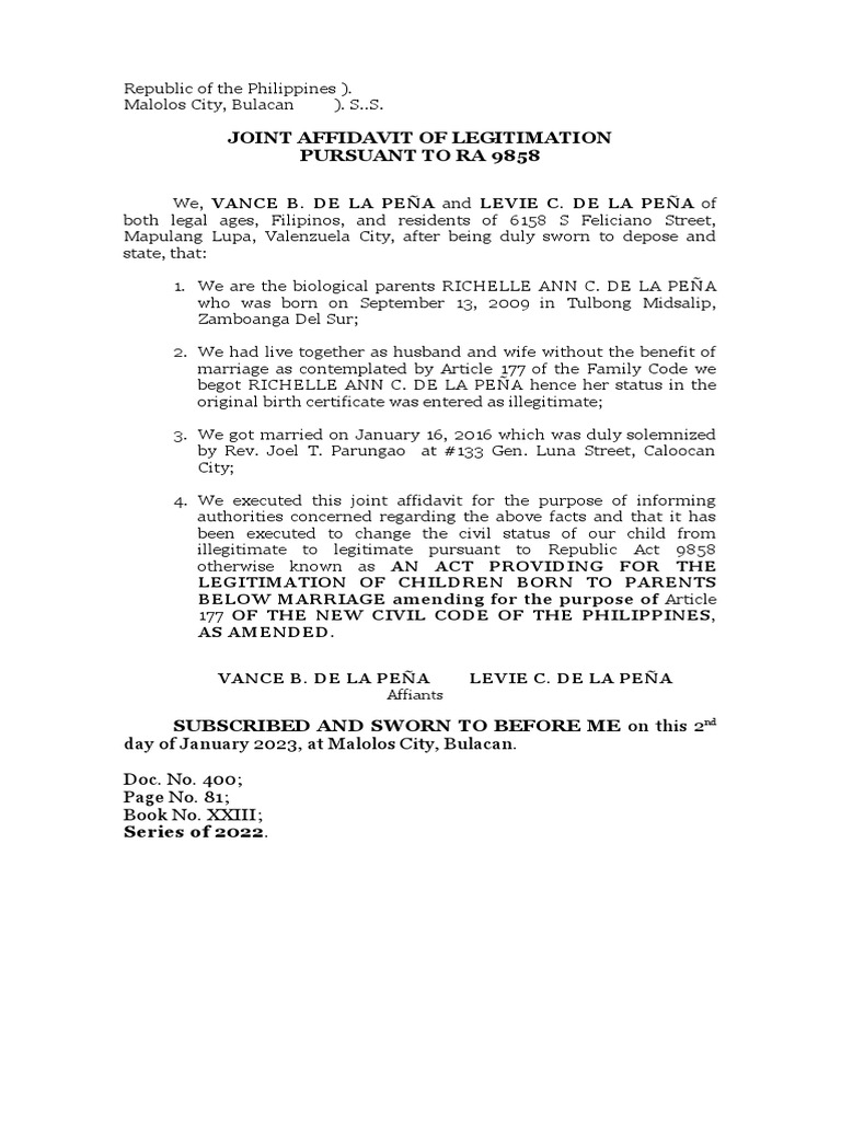 joint affidavit legitimation DELA PENA | PDF