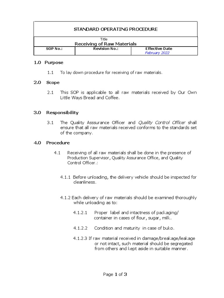 SOP For Receiving of Raw Materials | PDF | Business Process | Business