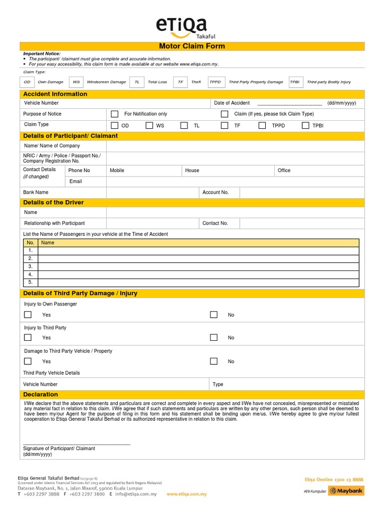 Claims Form For MOTOR Takaful, 0 | PDF | Finance & Money Management
