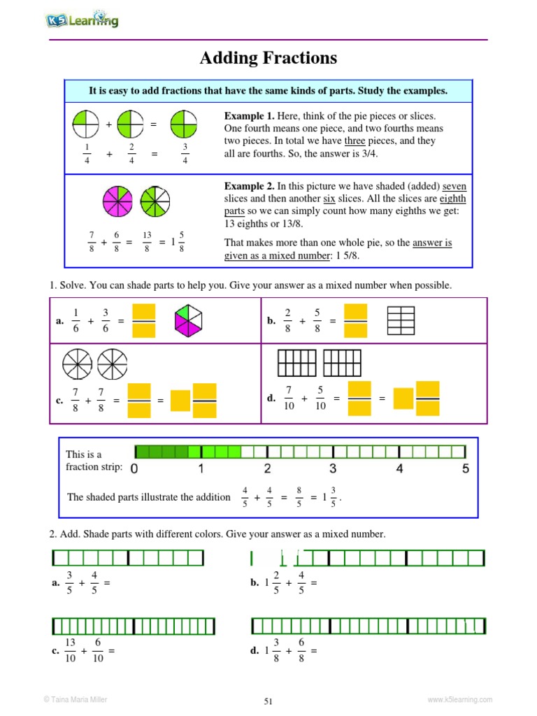 k5 Learning Introduction To Fractions Adding Fractions | PDF | Science | Algebra
