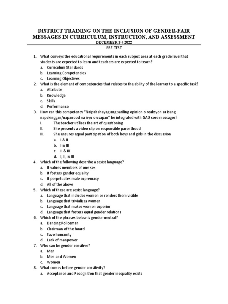 GAD Curriculum Training Pre-Test Answers | PDF | Classroom | Gender