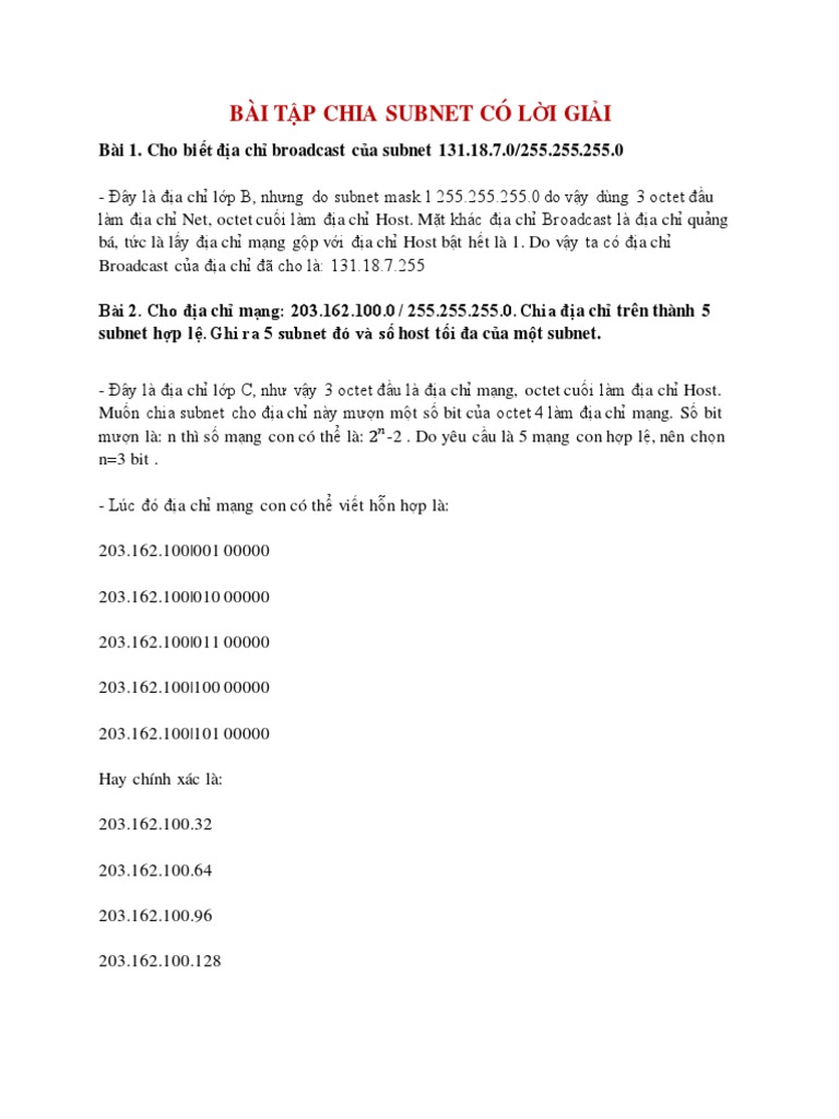 Bai Tap Chia Subnet Co Loi Giai Vieclamvui | PDF
